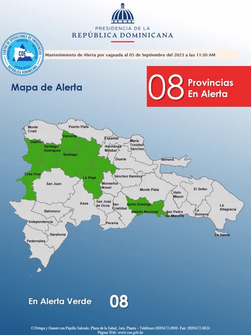 COE mantiene a 8 provincias en alerta verde